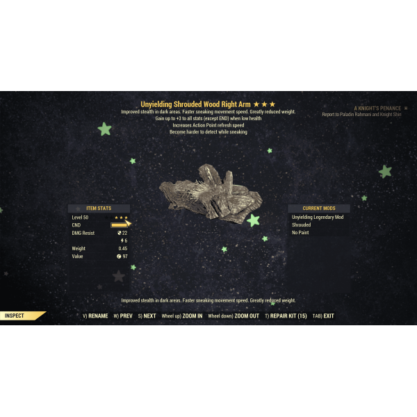 Buy [Armor set] Unyielding Sneak Forest Wooden (AP Refresh) Fallout 76